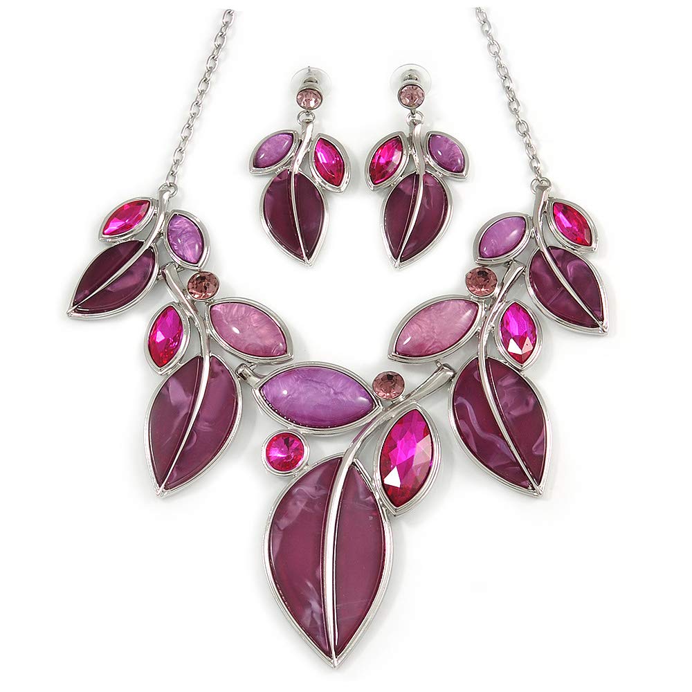 Avalaya Statement Purple/Magenta Glass, Crystal Leaf Necklace and Drop Earrings In Rhodium Plating - 40cm L/ 8cm Ext