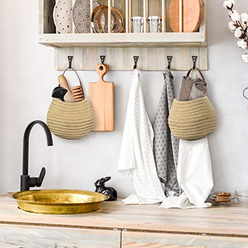 Jute Woven Hanging Storage Baskets, 2pack Wall Hanging Basket Organizer for Plants, Key, Sunglasses, Wallet on Door, Small Woven Baskets for Storage, Rope Woven Baskets for Baby Nursery Kids Gift