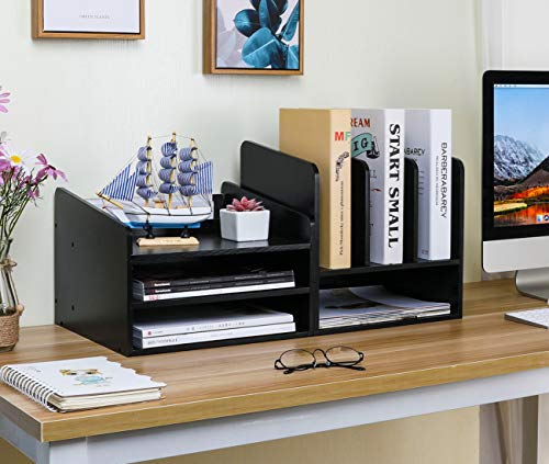 PAG Wood Desktop File Organizer Mail Sorter Magazine Rack Paper Holder Telephone Stand with Adjustable Drawer, Black