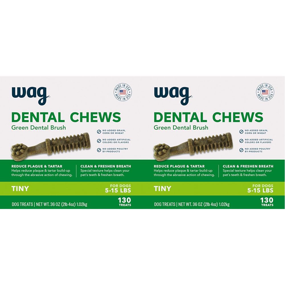 Amazon Brand - Wag Dental Dog Treats to Help Clean Teeth & Freshen Breath - Tiny, Unflavored, 2.25 pounds, 130 Count (Pack of 2)