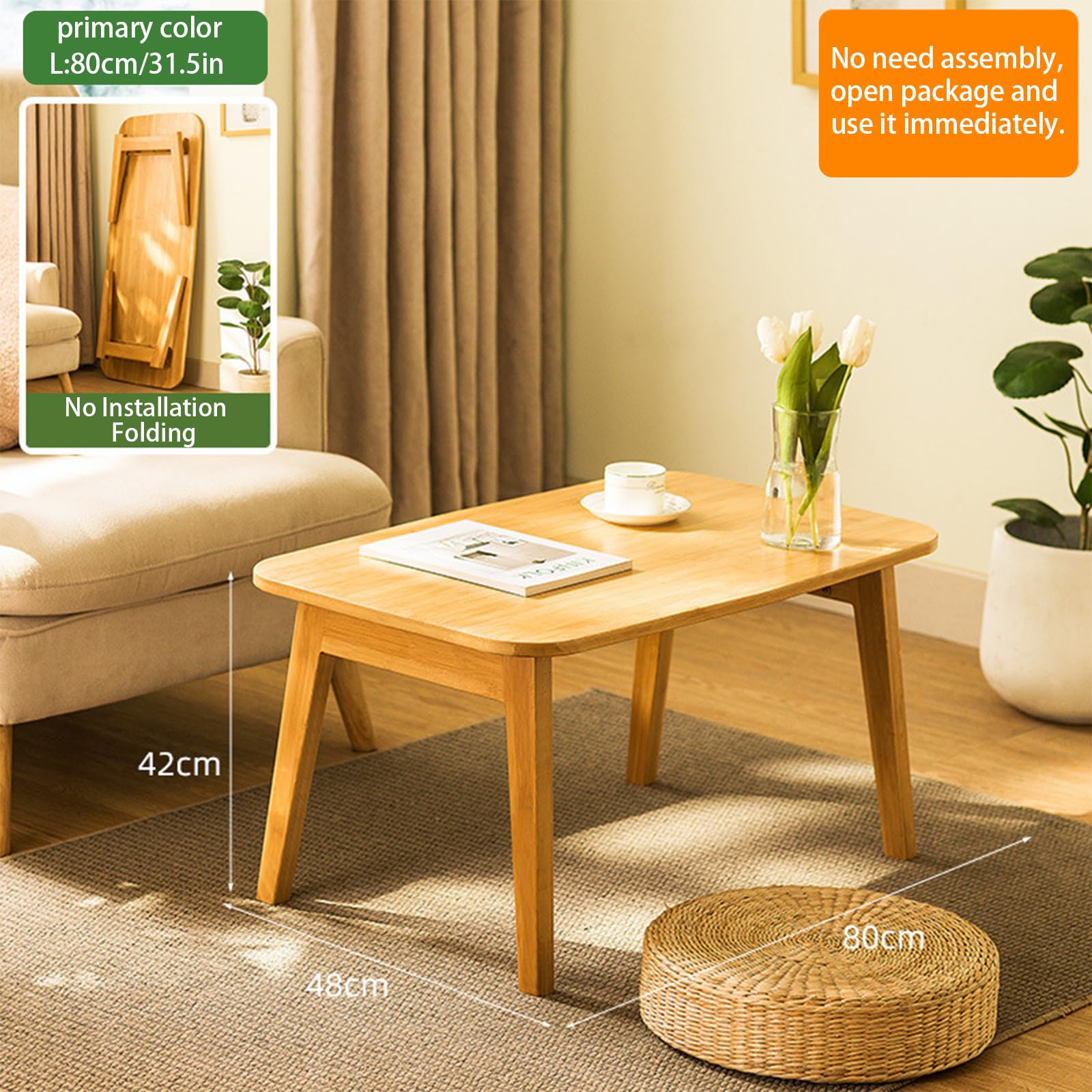 Baveke Coffee Table Foldable Bamboo Mid Century Desk TV Stand with Open Storage Shelf Center Table for Living Room Furniture RV No Assembly, Natural (31.5 in)