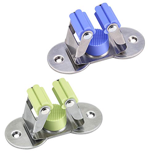 LYASI Stainless Steel Mop and Broom Holder, Dual-Purpose Wall Mounted Mop Broom Organizer with 2 Pcs 3M Self Adhesive and Double Screws,Bathroom Kitchen Organizer Rack with Spring Clip Design