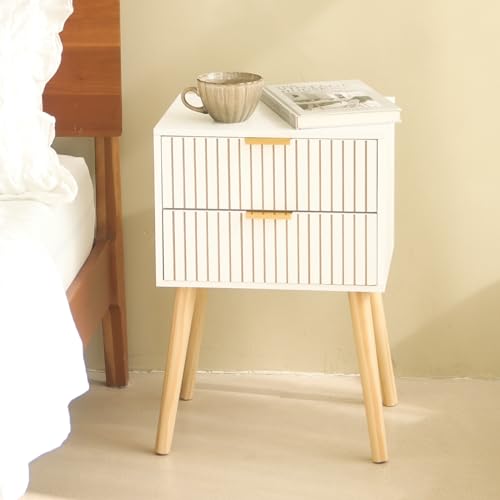 White Nightstand, Modern Bedside Table with 2 Drawers, Wood Side End Table with Storage for Small Space, Bedroom, Living Room, White