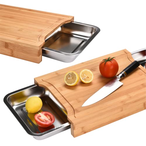 Prosumer's Choice Non-slip Bamboo Cutting Board With Built-In Containers and Storage - Chopping Board with Tray Board- Heavy Duty Wooden Cut Board - for Veggies, Fruits, MeatsPros