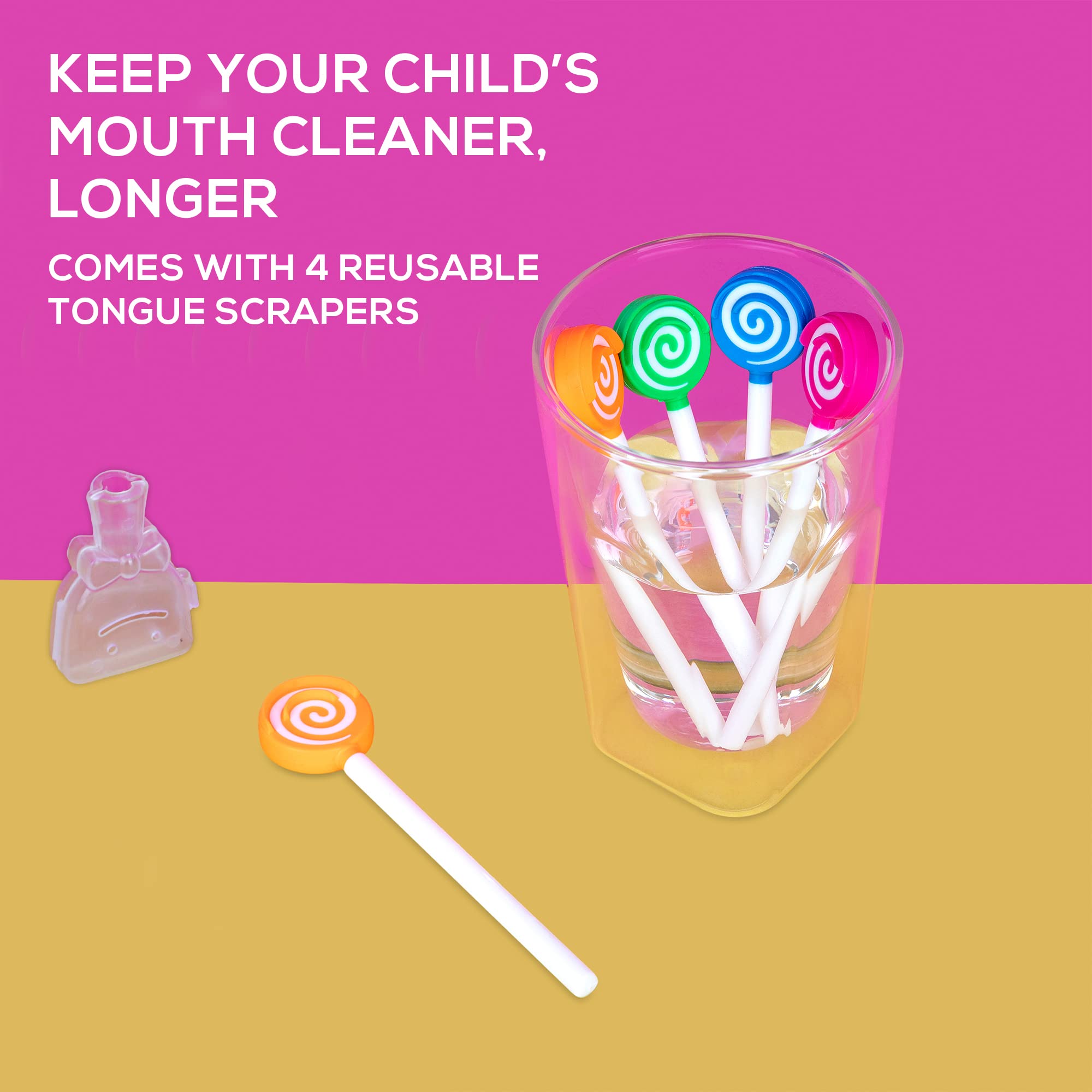 Kids Tongue Scraper or Cleaner Set – Pack of 4 BPA-Free Plastic Dental Scrapers Helps Freshen Bad Breath, Remove Gunk – Multicolored with Easy-to-Grasp Handles and Brush Covers by 55Dental, Ages 2+