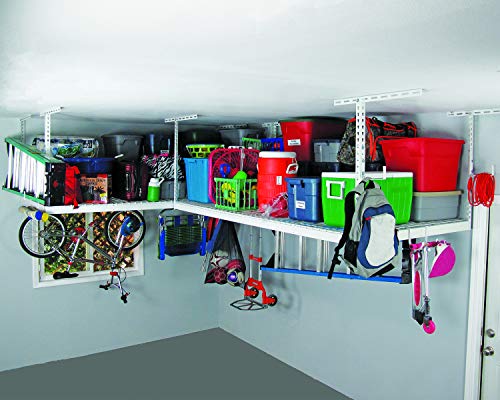 MonsterRax Overhead Garage Storage Rack- 4 x 8 Ceiling Rack for Garage Shelving, Organization, & Storage, Adjustable Hanging Storage for Bikes, Equipment & Accessories (White, 18"-33", 2-Pack).