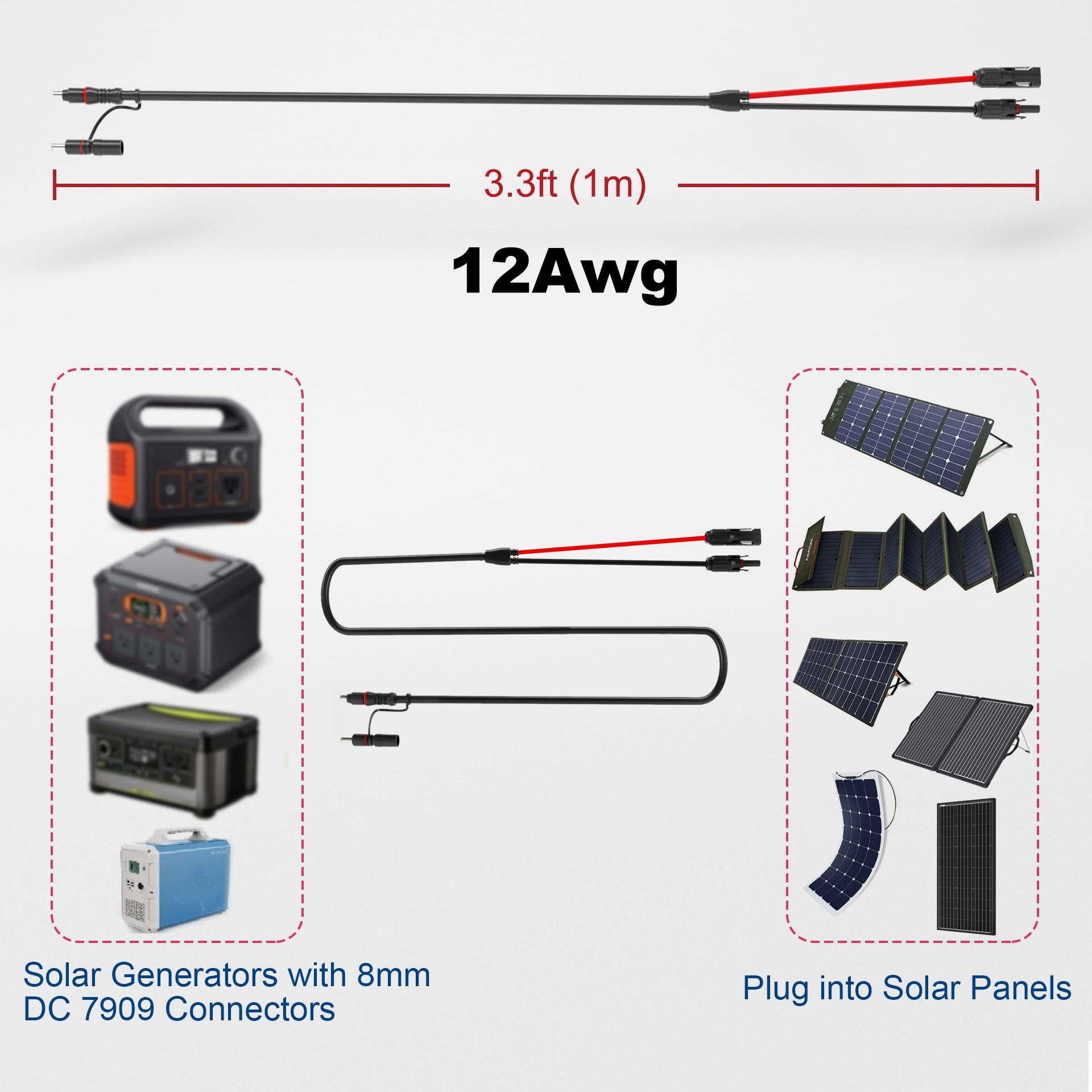 ACCESECO Solar Panel Adapter Solar Panel Connector to DC8mm Adapter Cable for Portable Backup Power Station GZ Jkery Solar Generator 12AWG 3.3ft