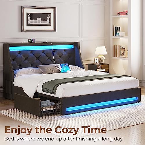 Rolanstar Queen Bed Frame with 4 Storage Drawers, Charging Station and LED Lights, Upholstered Platform Bed with Heavy Duty Wooden Slats, No Box Spring Needed, Noise Free, Easy Assembly, Dark Gray