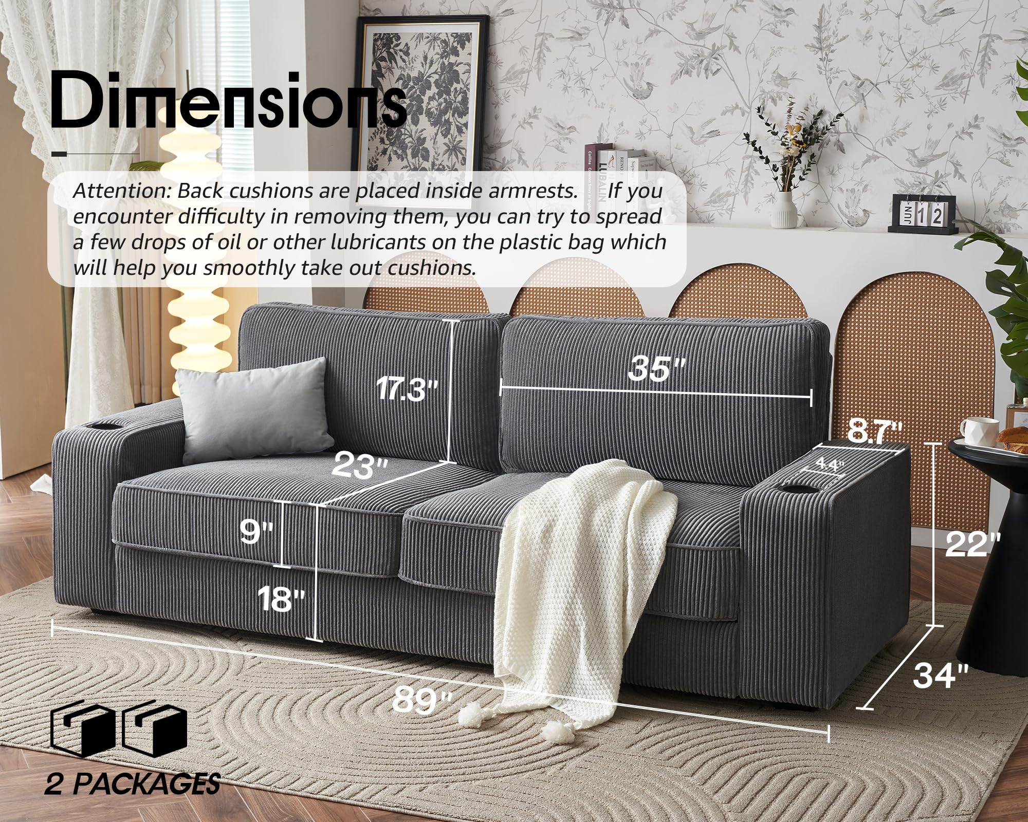 AMERLIFE Couch, 89 inch Sofa Couch- Deep Seat Sofa with 2 USB Charging Ports & 2 Cup Holders, 3 Seater Couch with Grey Corduroy, Modern Sofas for Living Room