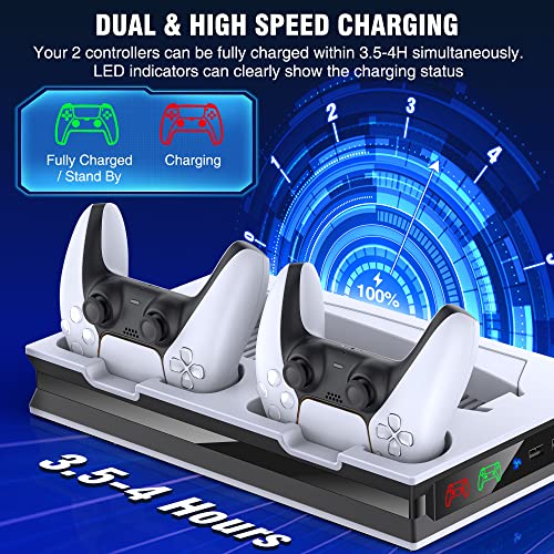 PS5 Stand with 2 Cooling Fan, Dual Fast PS5 Controller Charging Station with 3 Extra USB Ports, PS5 Cooling Station PS5 Accessories Vertical Stand for Sony Playstation 5 Dualsense/Digital/Disc Edition