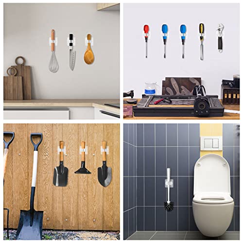 PTYWRTUS Broom Holder, Non Drilling Hole Self-Adhesive Storage Rack Hanger, Anti-Slip Utility Hooks,Mop Holder Wall Mount for Home, Bathroom, Garden, Kitchen, Garage(6Pack) (Transparent+White)