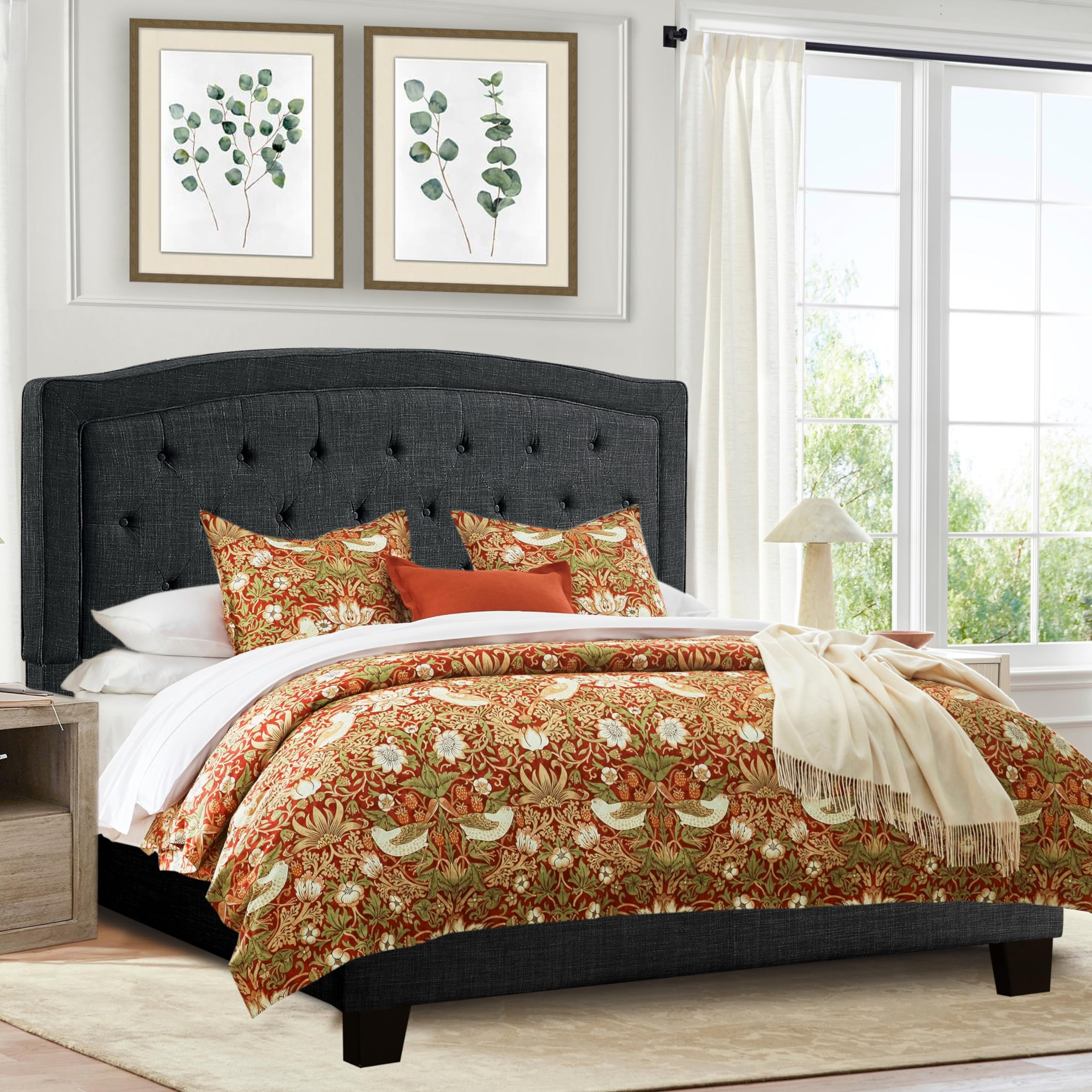 Rosevera Kane Frame with Adjustable Button-Tufted Headboard for Bedroom/Fabric Upholstered Bed and Footboard/Wood Slat Support Easy Assembly, King, Charcoal