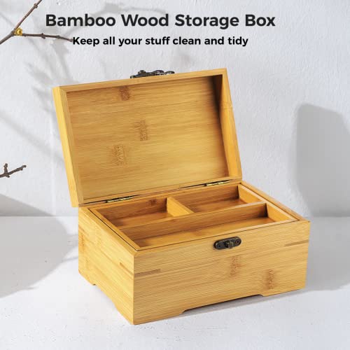 CDOKY Large Wooden Box with Hinged Lid, Bamboo Wood Multi-purpose Storage Box with Tray 2 Compartments, Natural Wood Organizer for Photos, Jewelry Home Office Decor, 7 x 5 x 4 in (Large)