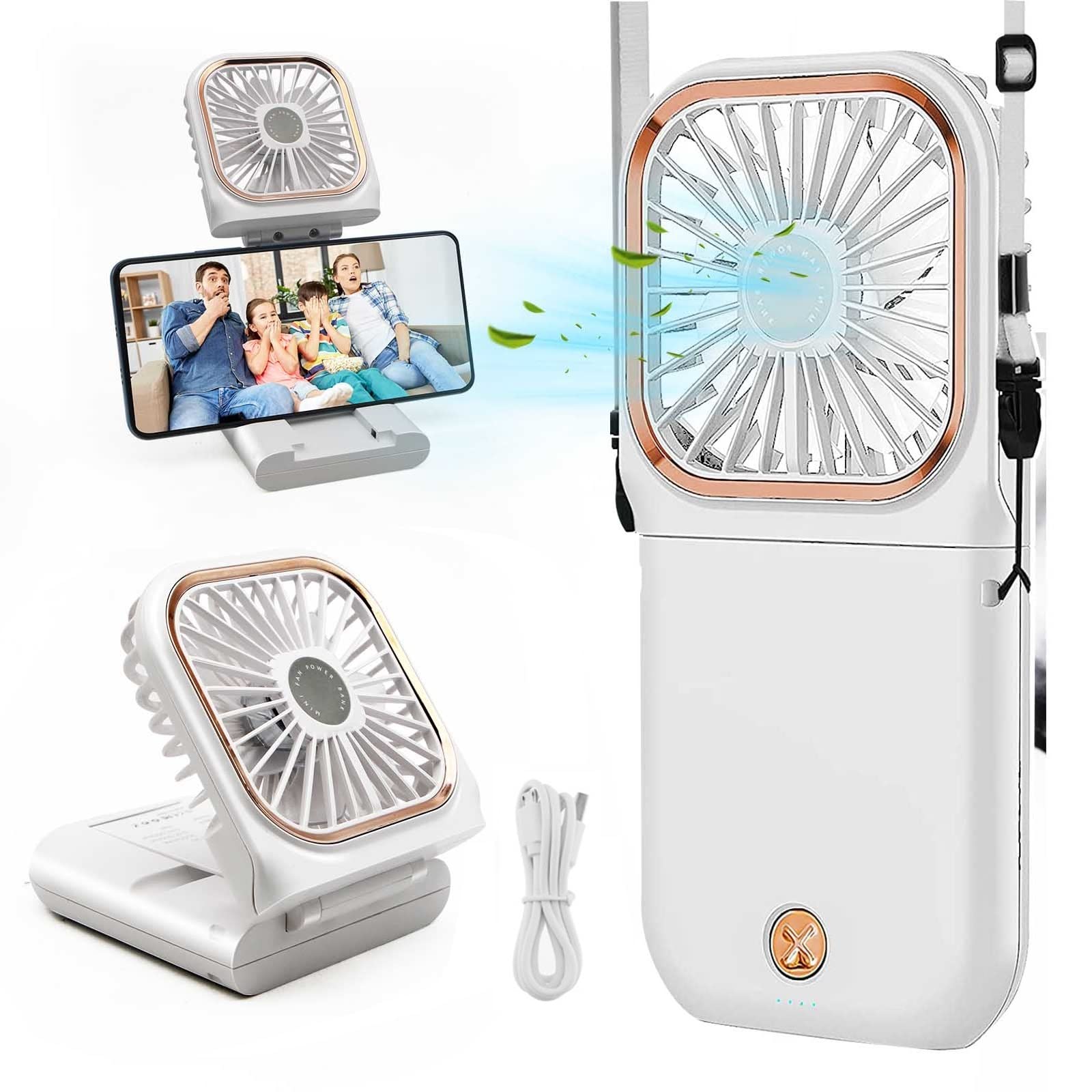 MQ 5 in 1 Mini Portable Fan, Foldable Personal Fan with Lanyard Rechargeable 3 Speed Adjustable, as 3000mAh Power Bank, Handheld Fan, Neck Fan, Desk Fan, Phone Holder, Indoor Outdoor Small Fan, White