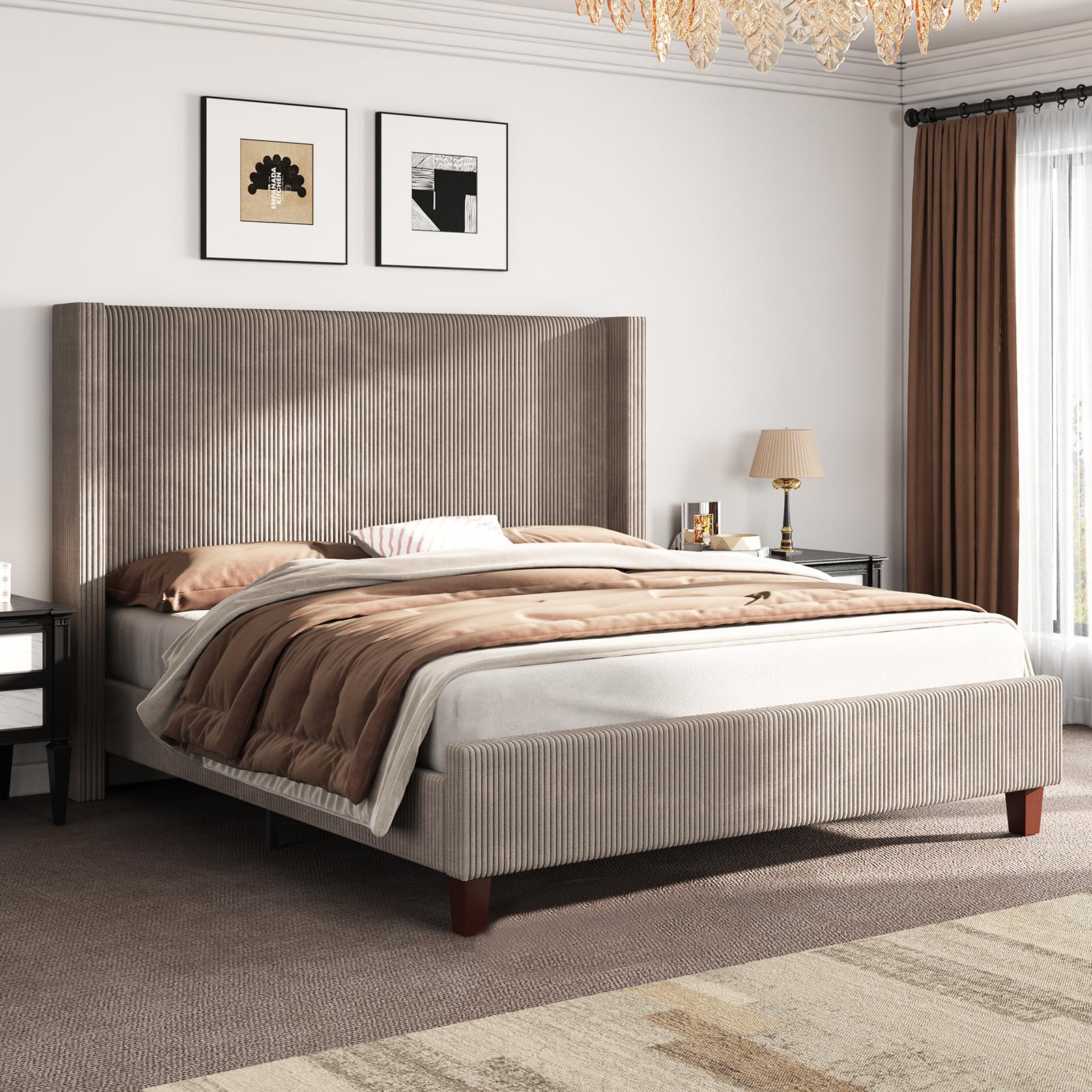 AMERLIFE King Size Upholstered Bed Frame with 50.8" Tall Headboard, Wingback Platform Bed with Solid Wood Legs, Wooden Slats, Corduroy/No Box Spring Needed/Noise Free/Greige