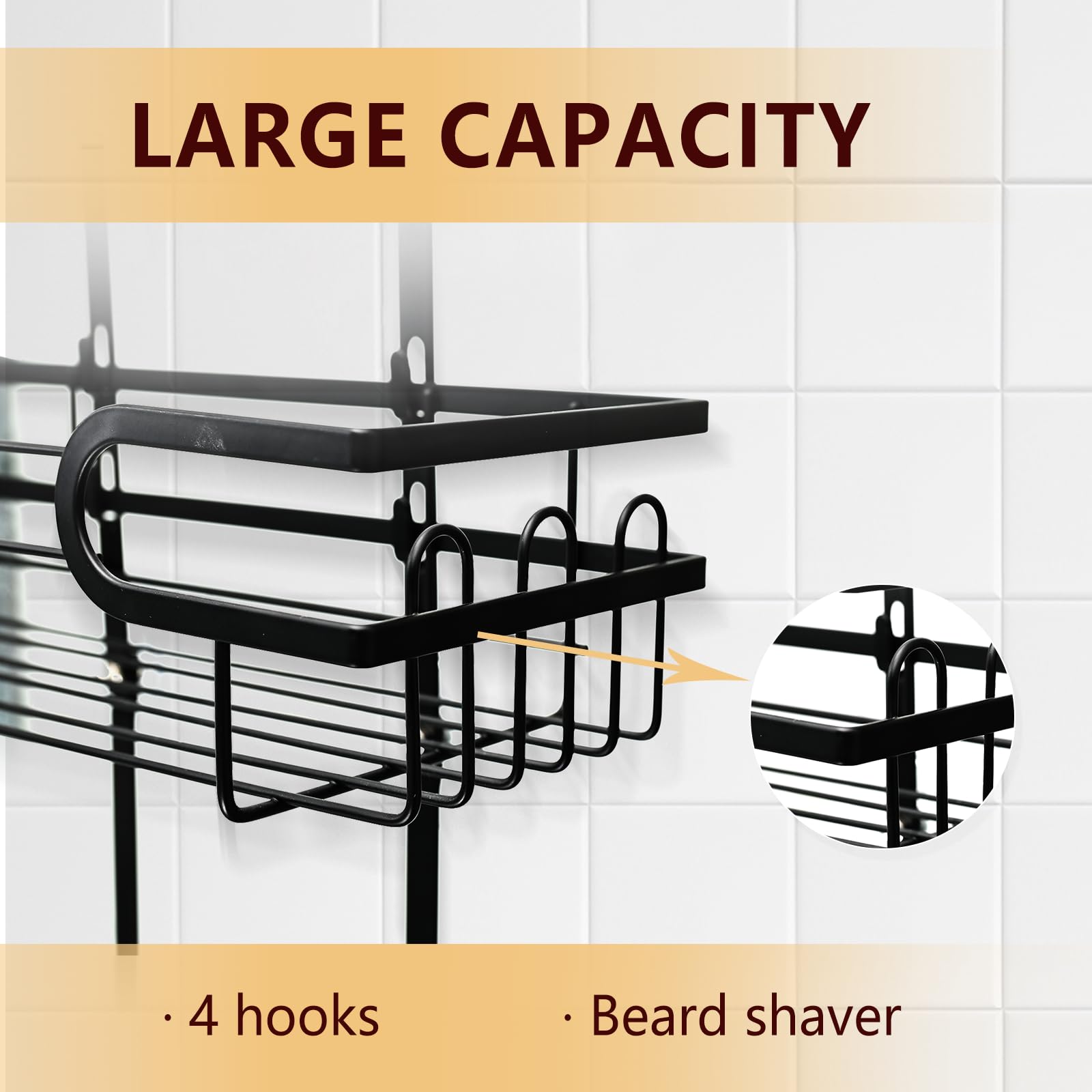 Lawhood-Mijin Shower Caddy Hanging, Over Head Shower Caddy Shower Storage Rack Basket with Hooks for Razor and Sponge Rustproof, No Drilling, Accessories for Bathroom and Kitchen, Black