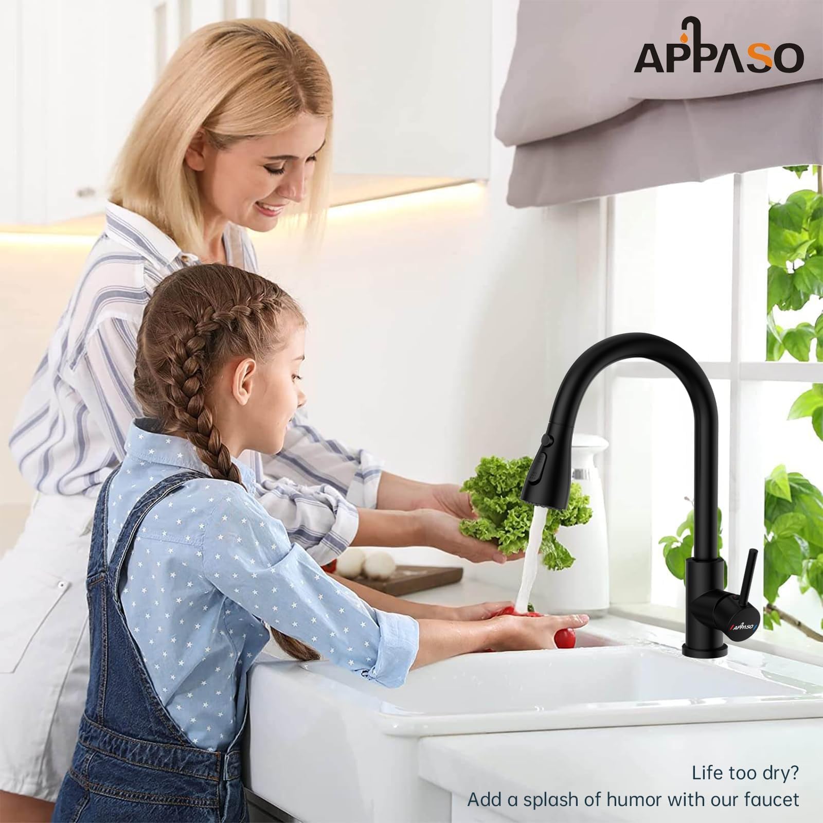 APPASO Black Kitchen Faucet with Pull Down Sprayer, 3-Mode Sprayer Kitchen Sink Faucet, 1 or 3-Hole Single Handle High Arc Stainless Steel Kitchen Faucet Black with Deck Plate, Matte Black