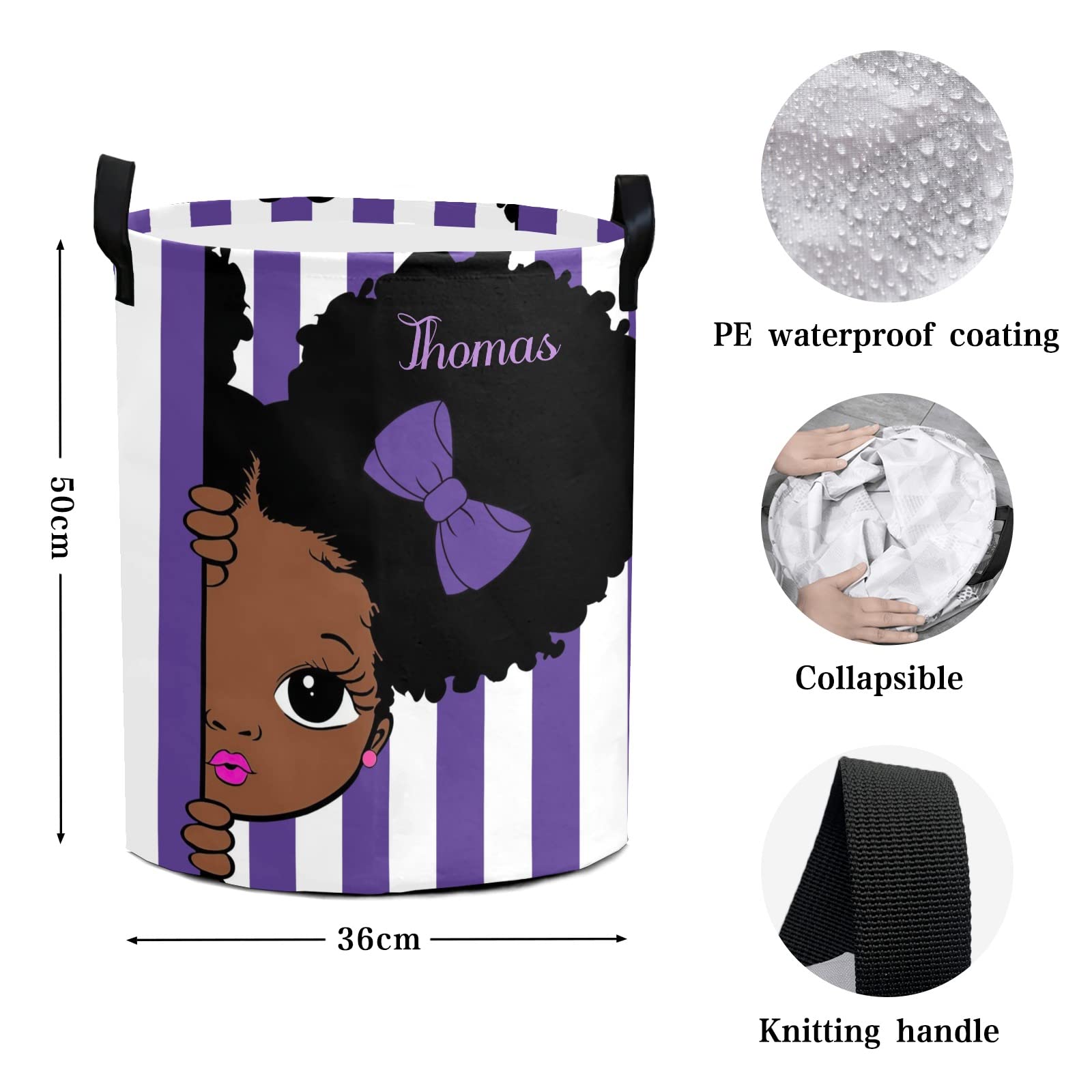 African Girl Violet Personalized Laundry Hamper,Custom Name Collapsible Waterproof Laundry Basket Storage Bins with Handle for Clothes,Toy,Nursery