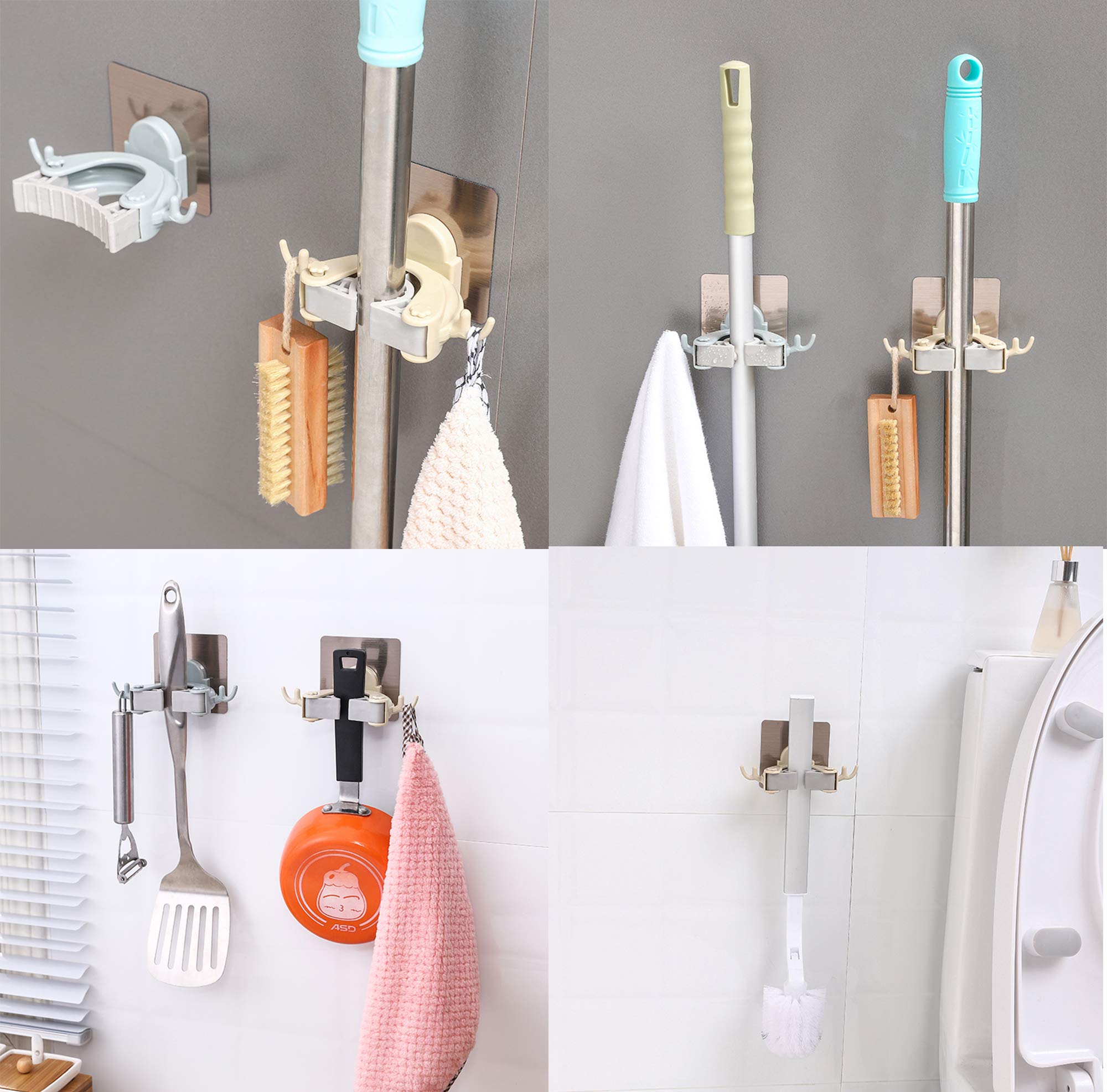 WAVALP Broom Holder Wall Mount with Command Hooks Heavy Duty Mops Holder Organizer with Command Strips Anti-Slip Home Storage and Organization Tool (White 6 pcs)