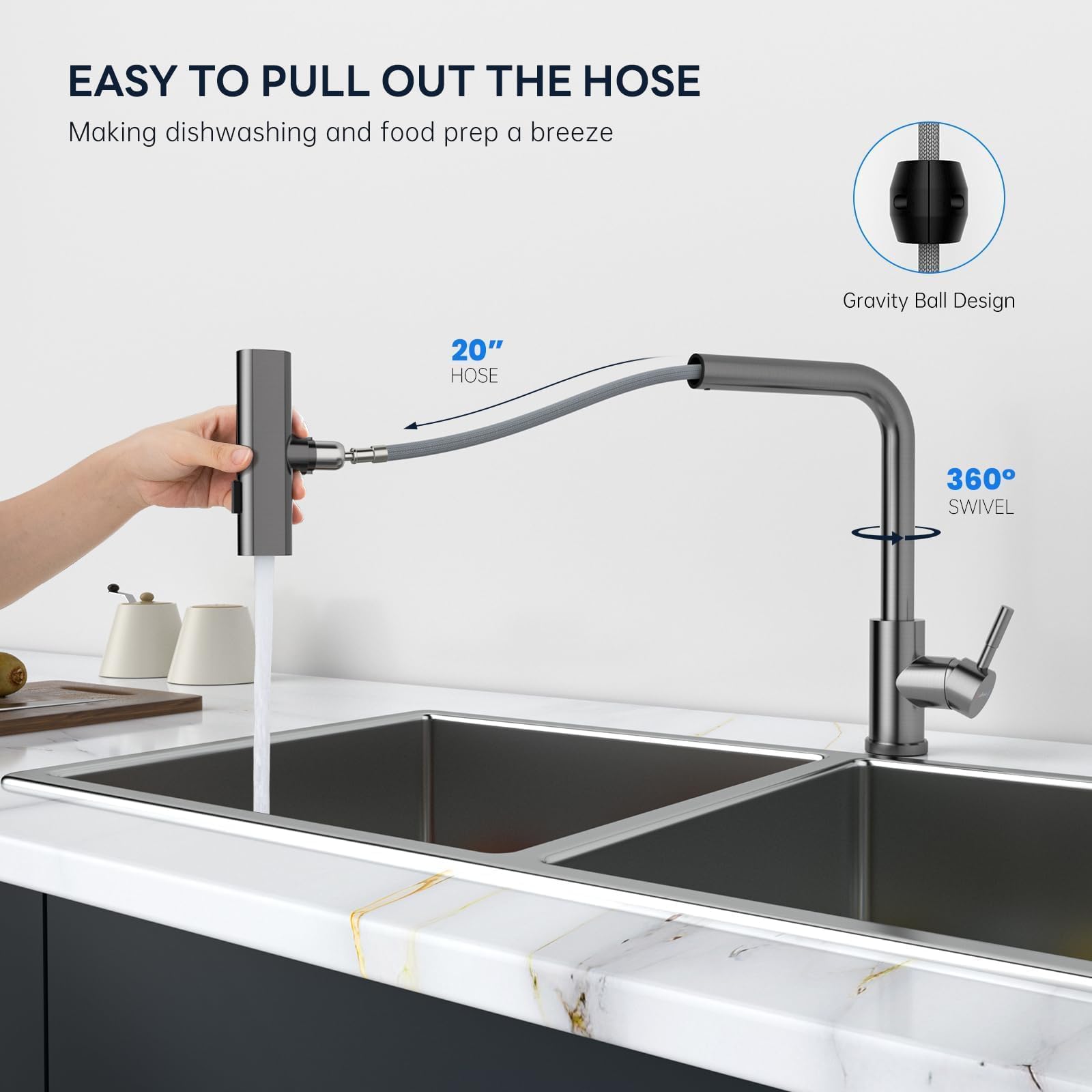 APPASO Waterfall Kitchen Faucet with Pull Down Sprayer, Black Stainless Kitchen Faucet with Sprayer 3 Modes, Gunmetal Gray Stainless Steel 360° Swivel Kitchen Sink Faucet, Single Handle Kitchen Faucet