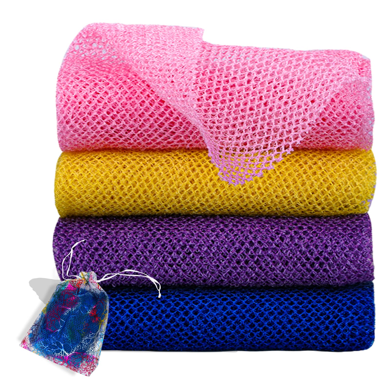 African Net Sponge 4PCS African Exfoliating Net Long Nylon African Sponge Exfoliating Net Bath Net for Daily Exfoliating Body Scrubber Back Scrubber Shower Skin Smoother (Blue,Purple,Yellow,Pink)
