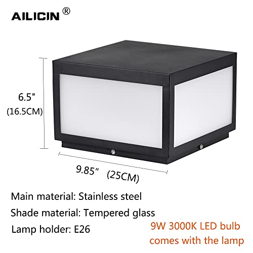 AILICIN Pillar Lamp Post Light, Tempered Glass Shade,Fence Deck Cap Light Lantern Column Lamp for Flat Surface Patio Garden Decoration with IP55 Waterproof E26 LED Bulb (Electric Powered)