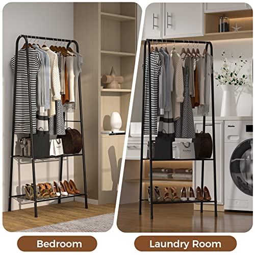 JEROAL Clothing Garment Rack, Coat Organizer Storage Shelving Unit, Entryway Storage Shelf with 2-Tier Metal Shelf, Black