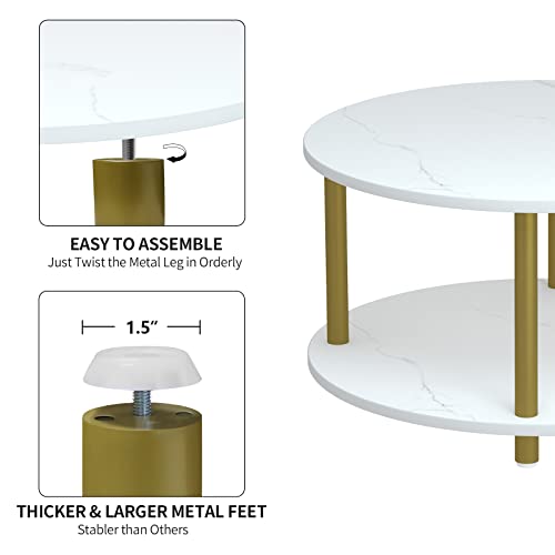 Round Coffee Table for Living Room,31.5’’ 2 Tier Modern Gold Coffee Table with Open Storage Shelf,Gold Metal Legs and White Faux Marble Table Top