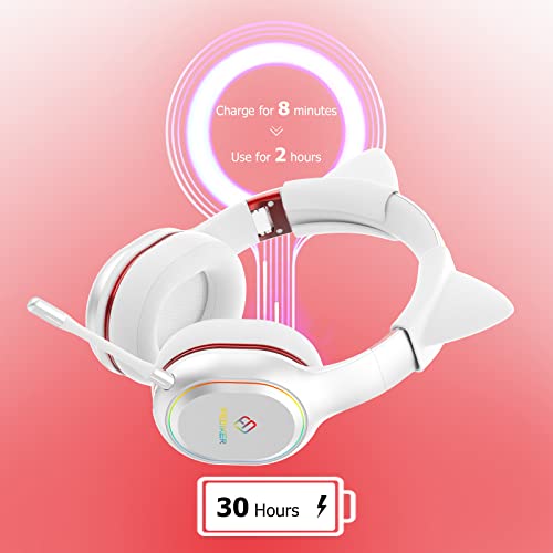 FEDIKER Wireless Gaming Headset for PS5 PS4 PC W3 USB Dongle Low Latency Bluetooth, Headphones with Detachable Mic, Mute Function, RGB, Immersive 4D, Cute White Cat Ear Headset for Girls