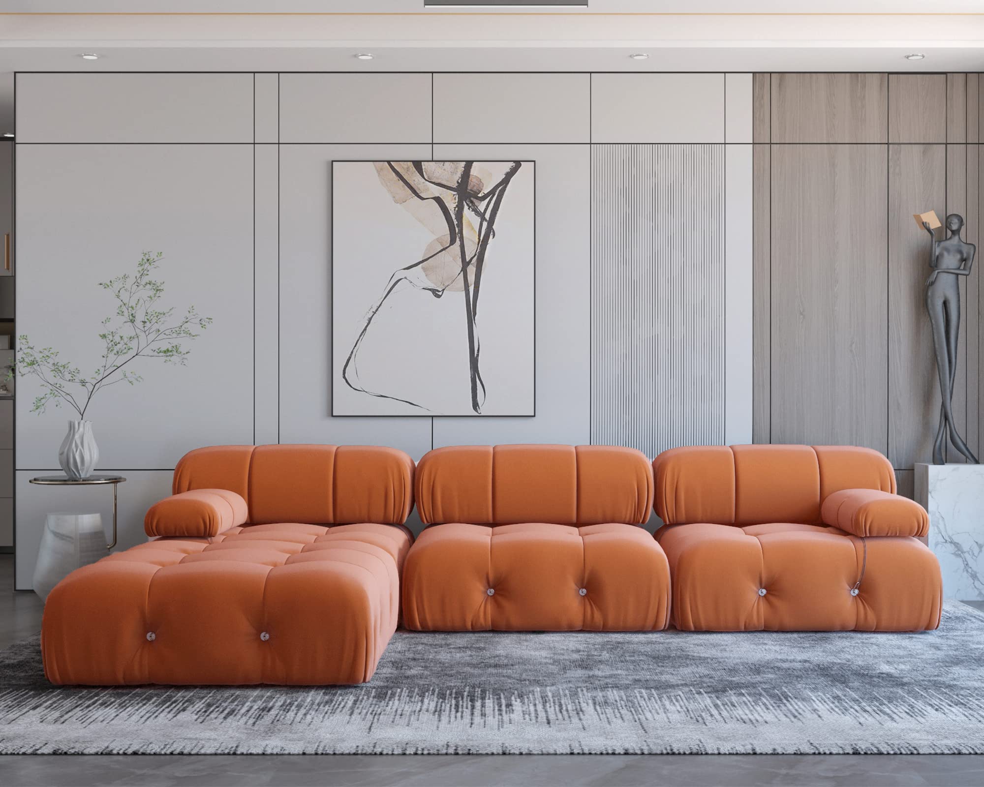 MGH Convertible Modular, Minimalist Couch with Ottomans, L-Shaped Velvet Sofas Couches, 4-Seat Sofa Couch Sectional with Reversible Chaise for Living Room (Orange)