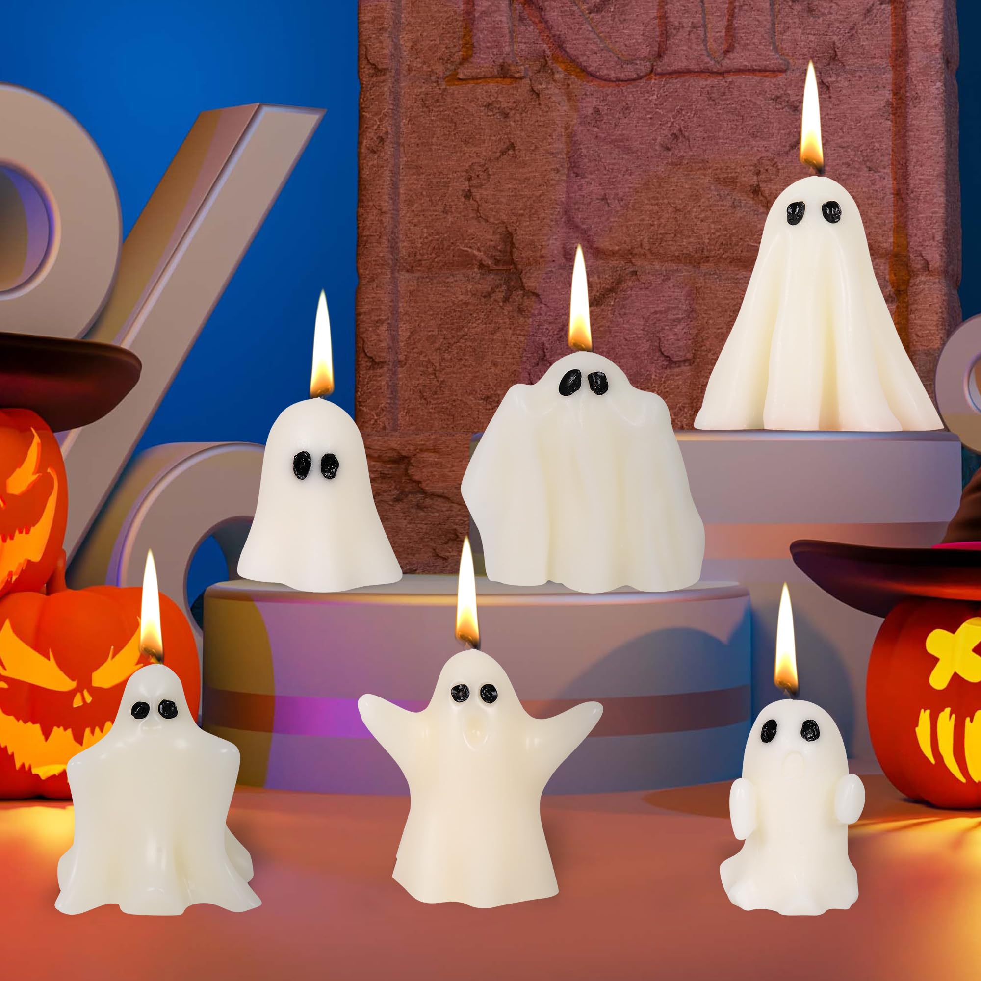 6 Pcs Halloween Ghost Candles Cute Ghosts Shaped Scented Candle Spooky Decoration White Soy Wax for Hallo ween Table Party Favor, Indoor Decor Gifts