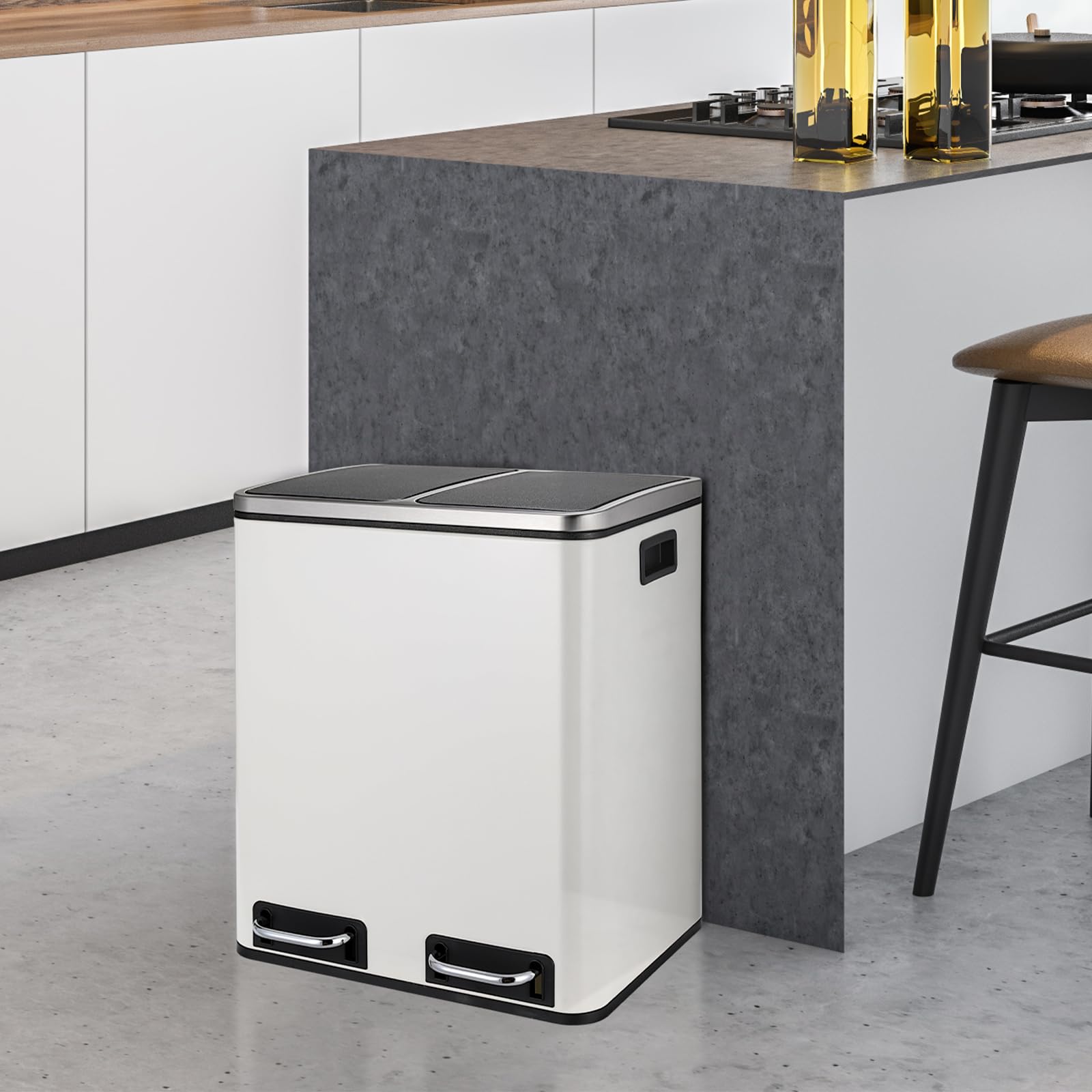 Arlopu 8 Gallon Dual Trash Can, 30L(2X15L) Stainless Steel Kitchen Garbage Can, Step-on Classified Recycle Garbage Bin with Removable Inner Buckets, for Kitchen, Living Room, Office (White)