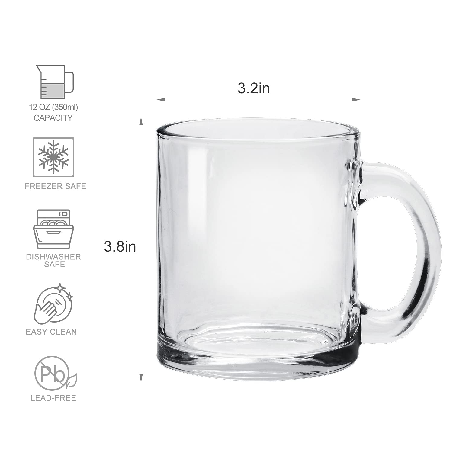 Accguan Glass Coffee Mug Set, (8 Pack) 12 Ounce with Convenient Handle, Tea Glasses for Hot/Cold Beverages, Thermal Shock Resistant, Tempered Glass, Mugs for Cappuccino, Latte, Espresso