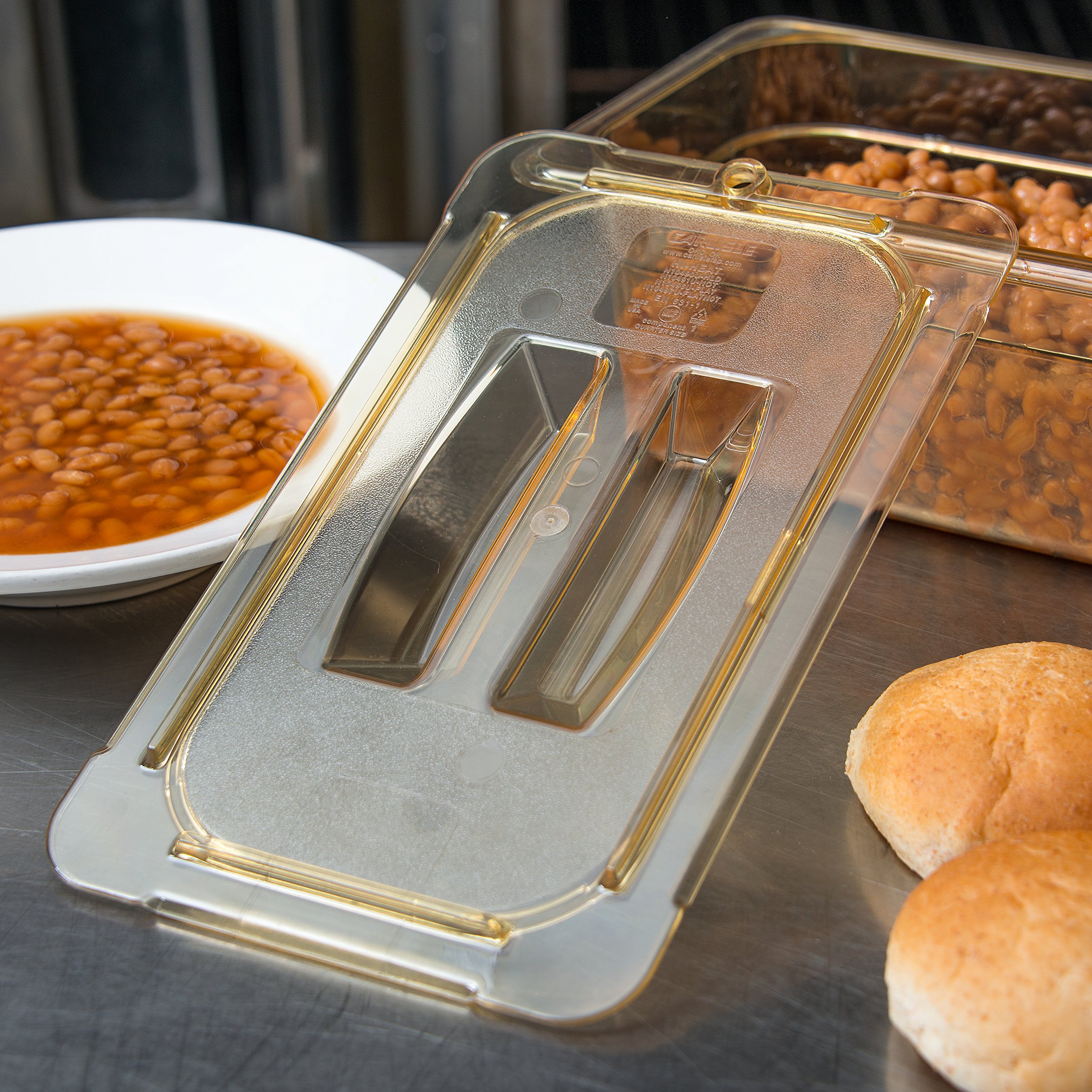 Carlisle FoodService Products 10490U13 StorPlus High Heat Universal Handled Food Pan Lid, Quarter Size, Amber