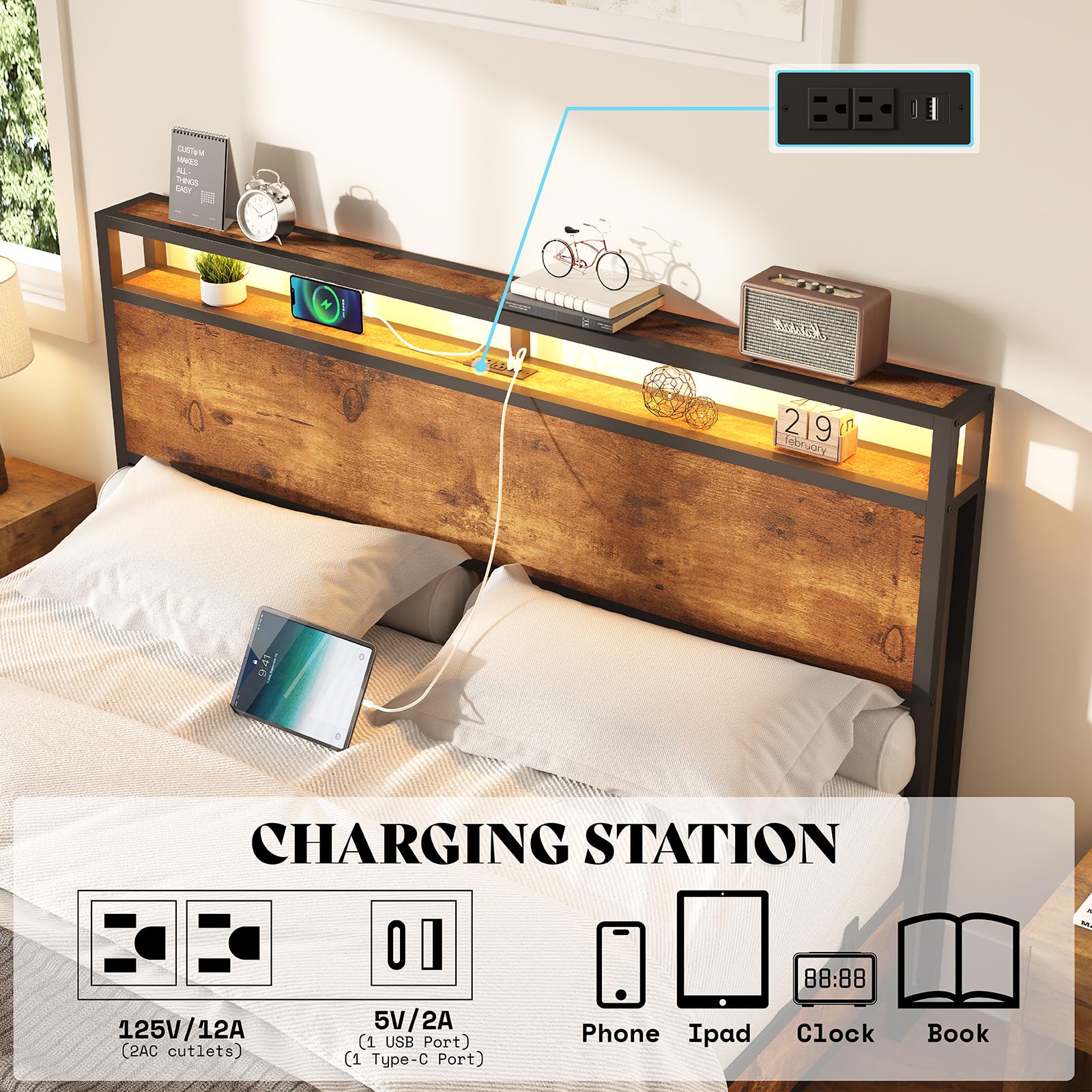 AMERLIFE Queen Size Floating Bed Frame with 2-Tier Storage Headboard, Metal Bed Frame with Charging Station & LED Lights, No Box Spring Needed, Rustic Grey