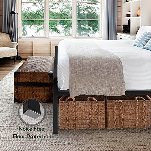 JOM King Bed Frame with Headboard and Storage No Box Spring Needed Metal & Wood Platform Heavy Duty Bedframe Size Black