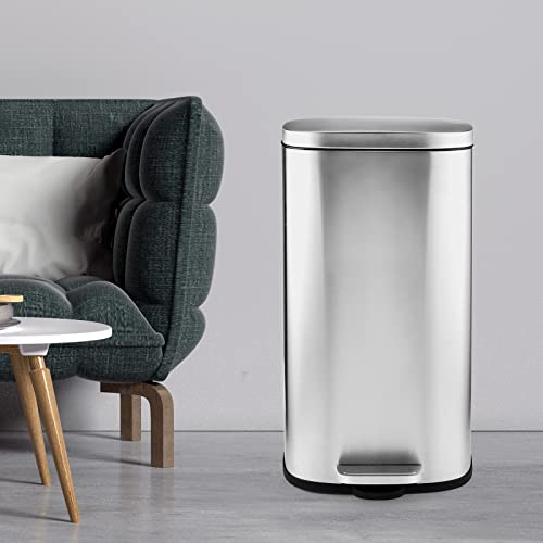 Arlopu 8 Gallon Step Trash Can, Stainless Steel Garbage Bin, Soft-Close Rubbish Bin with Removable Plastic Inner Bucket, Fingerprint-Proof, Lid Dustbin, Suit for Kitchen Home Office (30L,Silver)