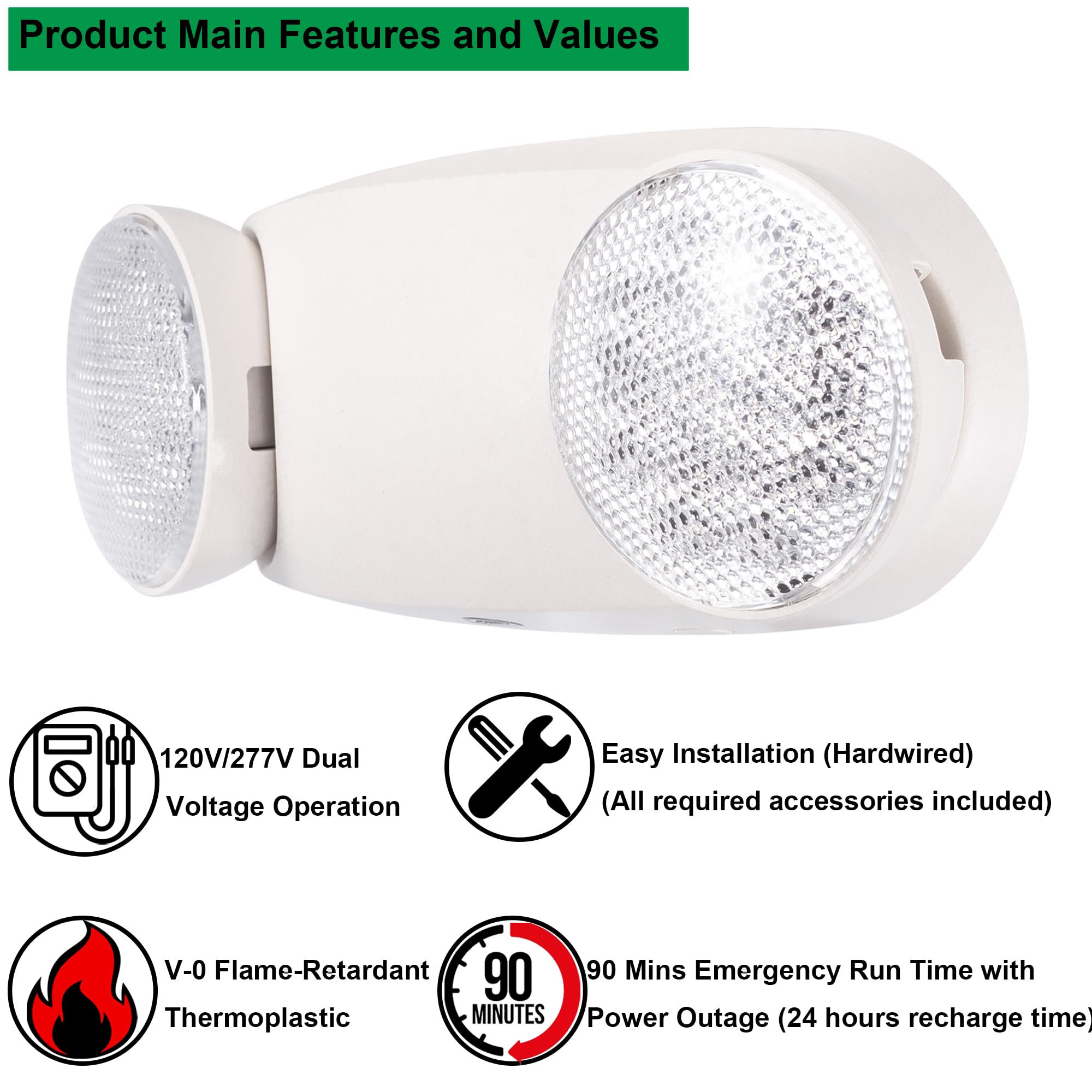 GRUENLICH LED Emergency Light, Exit Lighting Fixtures with 2 LED Bug Eye Heads and Back Up Batteries, UL 924 Qualified, 120-277 Voltage, 1-Pack