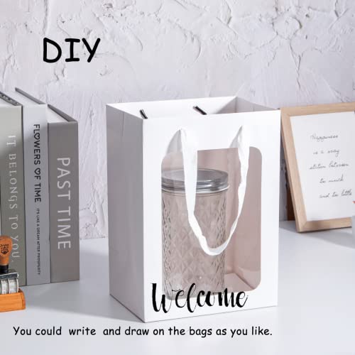 Dasofine 12pcs White Gift Bag with Window, Sturdy Paper Tote with Transparent Window, 7.1"×5.1"×9.8" Paper Gift Bags with Handles, Flower Bouquet Bags