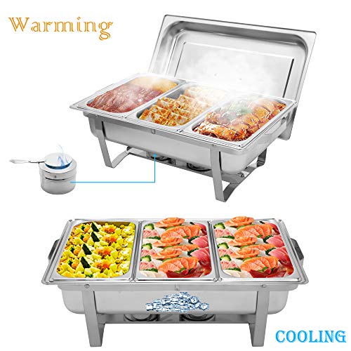ROVSUN 8 Quart Chafing Dish Buffet Set, Stainless Steel Catering Serve Chafer, Restaurant Food Warmer, Rectangular Buffet Stove with 3 1/3 Size Food Pans and Foldable Frame for Party (1 Pack)