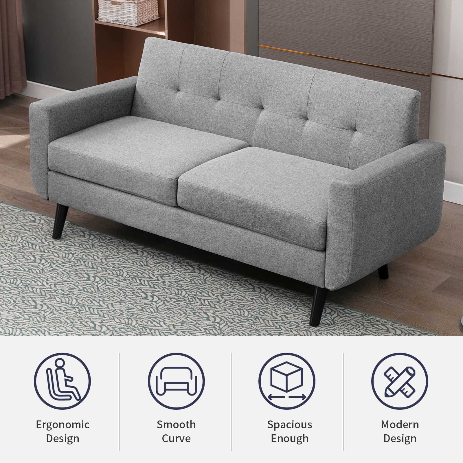 ZAFLY 68" Loveseat with Button Tufed Upholstered 5.9" Cushion, Comfy Fabric Sofa Couch Wooden Legs, and Padded Seat for Living Room, Bedroom，Apartment, Office(Light Gray)