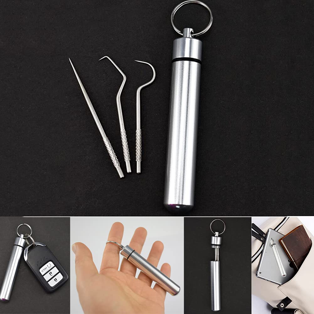 Angzhili 3 Pcs/Set Stainless Steel Toothpicks Kit,Reusable Tooth Picks Set,Portable Pocket Toothpick,Travel Toothpicks with Holder for Travel, Outdoor