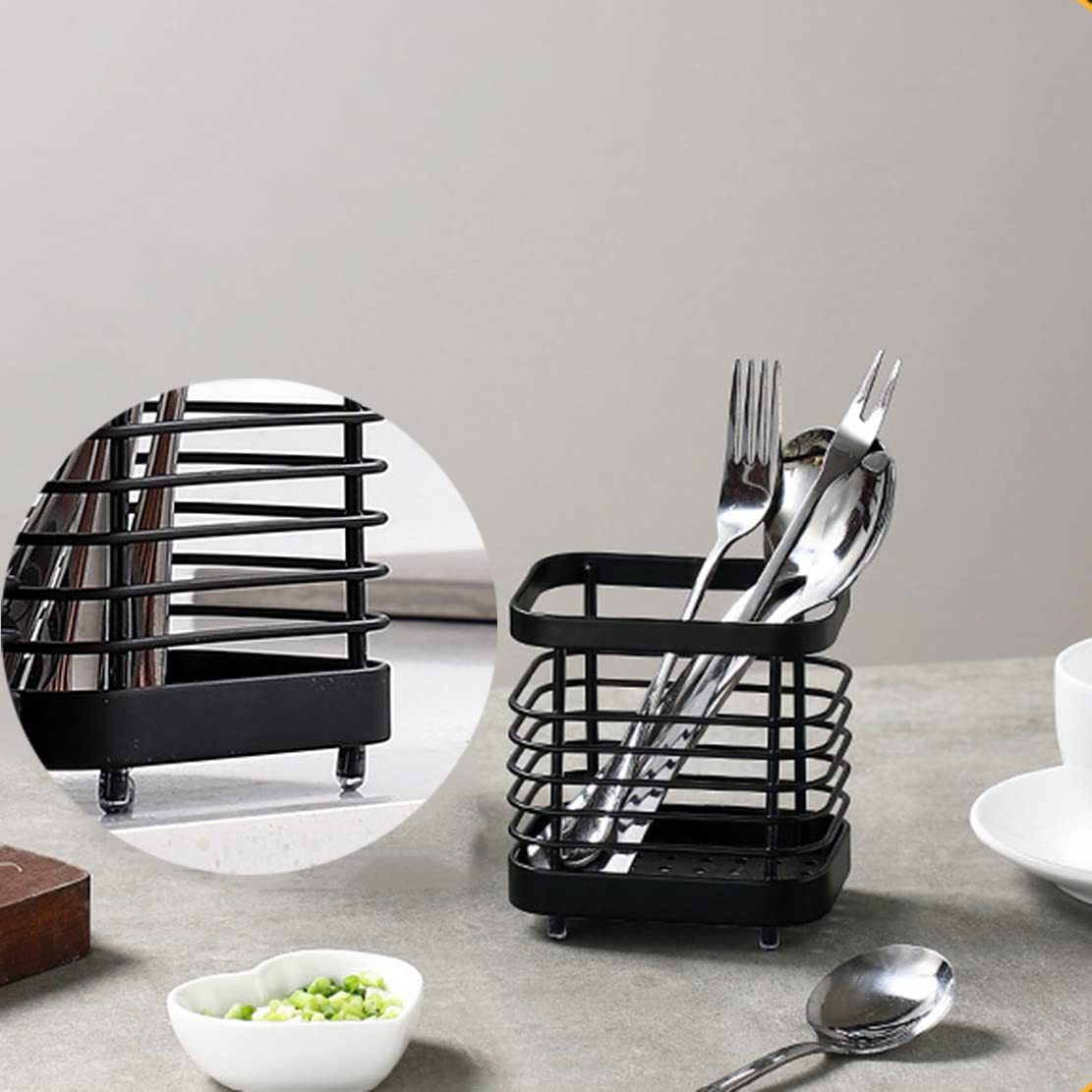 ANHORTS Utensil Holder Stainless Steel, Cutlery Drainer Rack for Kitchen Counter, Countertop Organizer for Flatware Silverware Dinner Forks, Knives and Spoons, Black