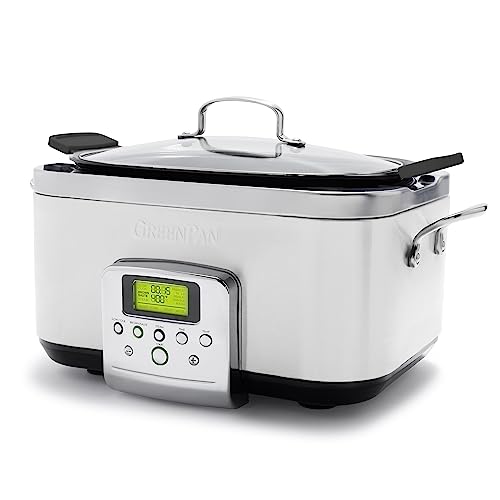 GreenPan Elite 8-in-1 Programmable 6 Quart Electric Slow Cooker,Dishwasher Safe Lid & Removable Crock, PFAS-Free Healthy Ceramic Nonstick Multi-Cooker,Sear, SautƩ/Brown,Steam Basket,Roast, Cream White