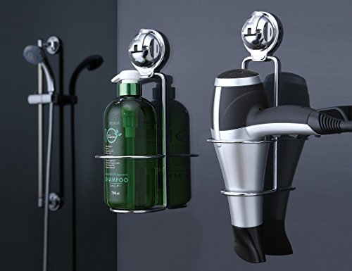 FECA FE-B1005 Stainless Steel Hair Dryer Holder Holster Organizer with No Drilling Wall Mount Mountable Powerful Suction Cup