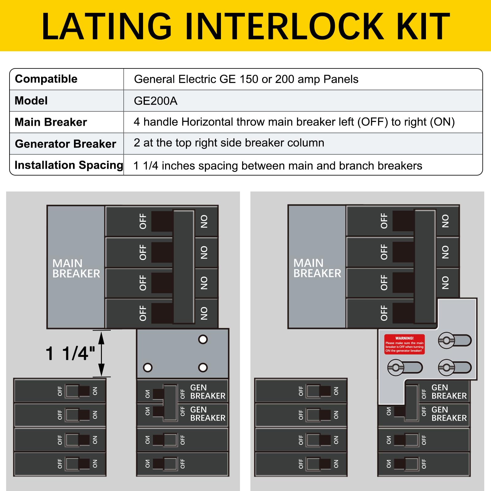 Generator Interlock for General Electric GE 150 or 200 Amp Panels with 1 1/4 Inches Spacing, Brushed Nickel