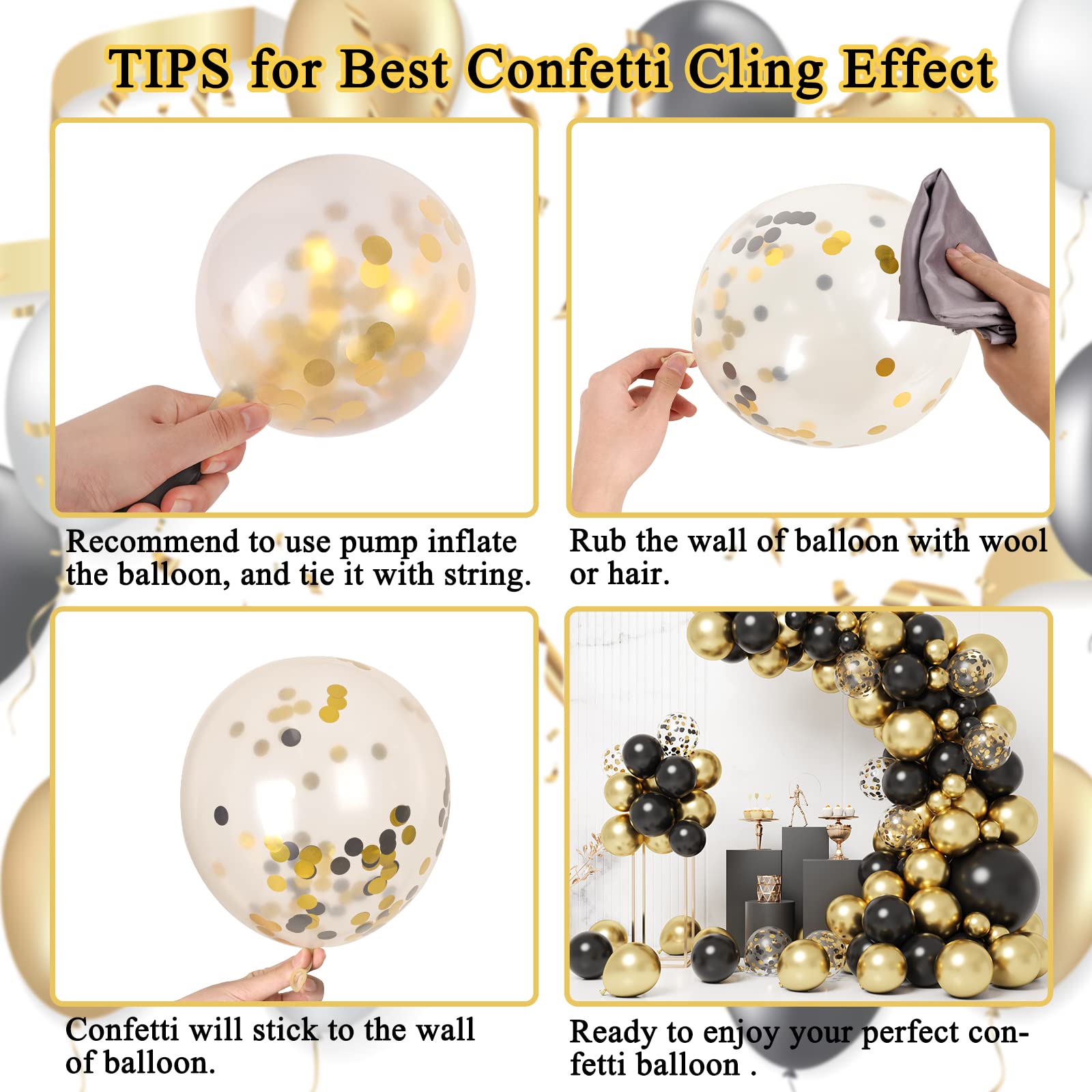 RUBFAC 101pcs Black and Gold Balloon Garland Arch Kit with Confetti Balloons for Graduation Birthday Party Decorations