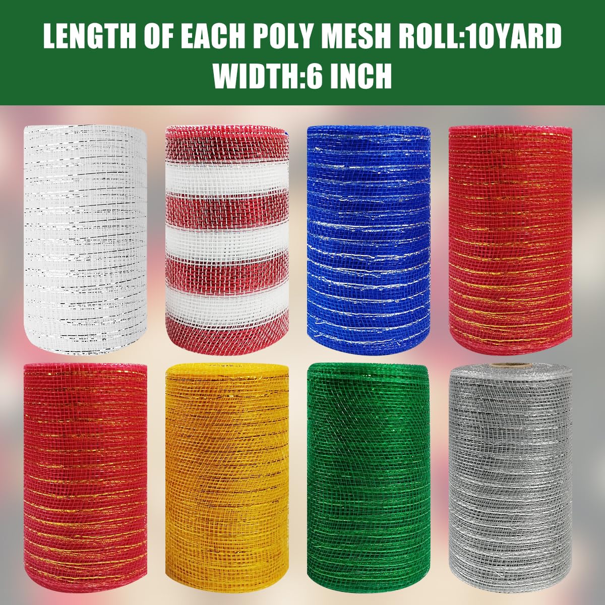 8 Rolls Christmas Mesh Ribbon, Christmas Mesh Fabric Ribbons with Metallic Foil Poly Deco Mesh Ribbon for Christmas Xmas Tree Bows Garland Decoration