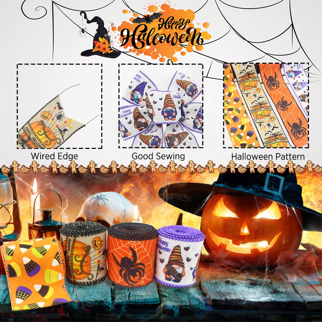 RUIFEN 4 Rolls 26 Yards Halloween Wired Edge Ribbon, Gnome Spider Pumpkin Cobwebs Bats Candy Web Printed Grosgrain Ribbons, Theme Wrapping Ribbon for Party Wreaths and DIY Crafts, 2.5 in