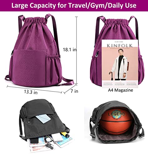CALACH Drawstring Backpack Sports Gym Bag Yoga Travel Sackpack for Women Men Waterproof Nylon Gym Sack DayPack with Multi Pockets (Purple2)